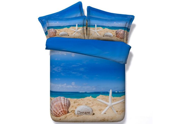 3D Starfish and Shell Print Bedding Set 5-Piece Comforter Set Blue ...