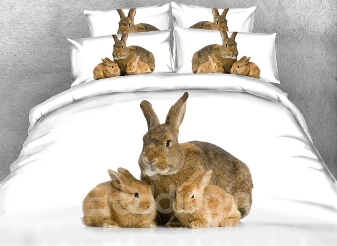 Rabbit Mother and Bunnies Printed Polyester 3D 4-Piece White Bedding S ...