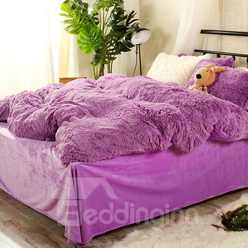 Full Size Solid Purple Super Soft Plush 4-Piece Fluffy Bedding Sets/Du ...