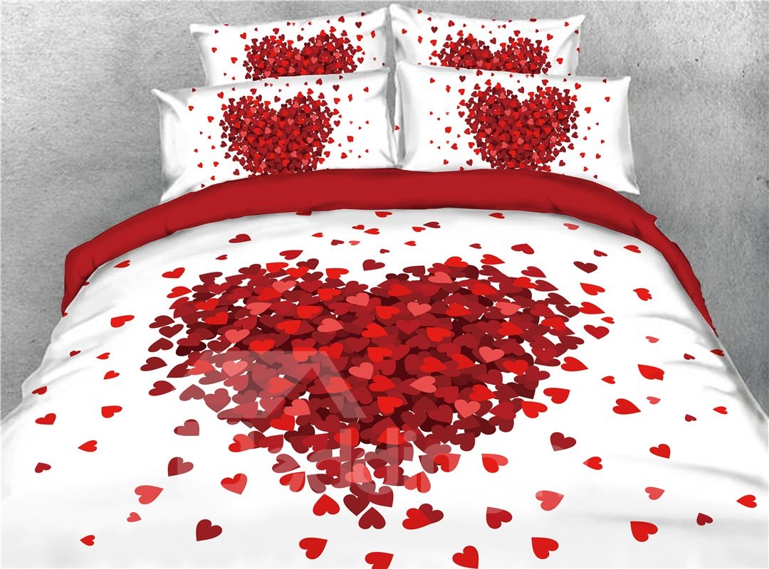 Red Heart Shape Printed Romantic 4-Piece 3D Bedding Set/Duvet Cover Se ...