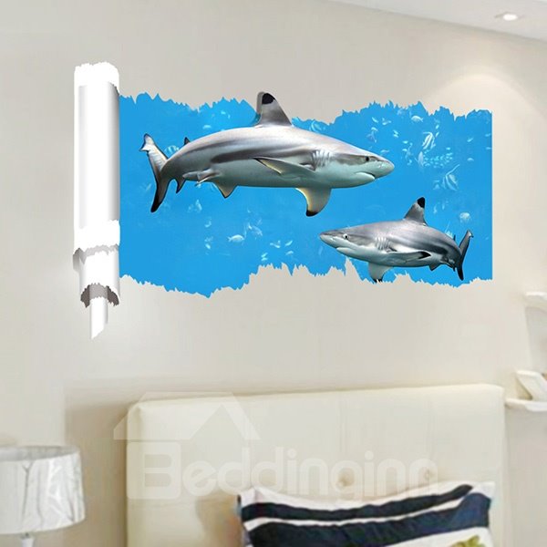 Blue Decorative Simple Style Two Sharks Pattern 3D Wall Stickers ...